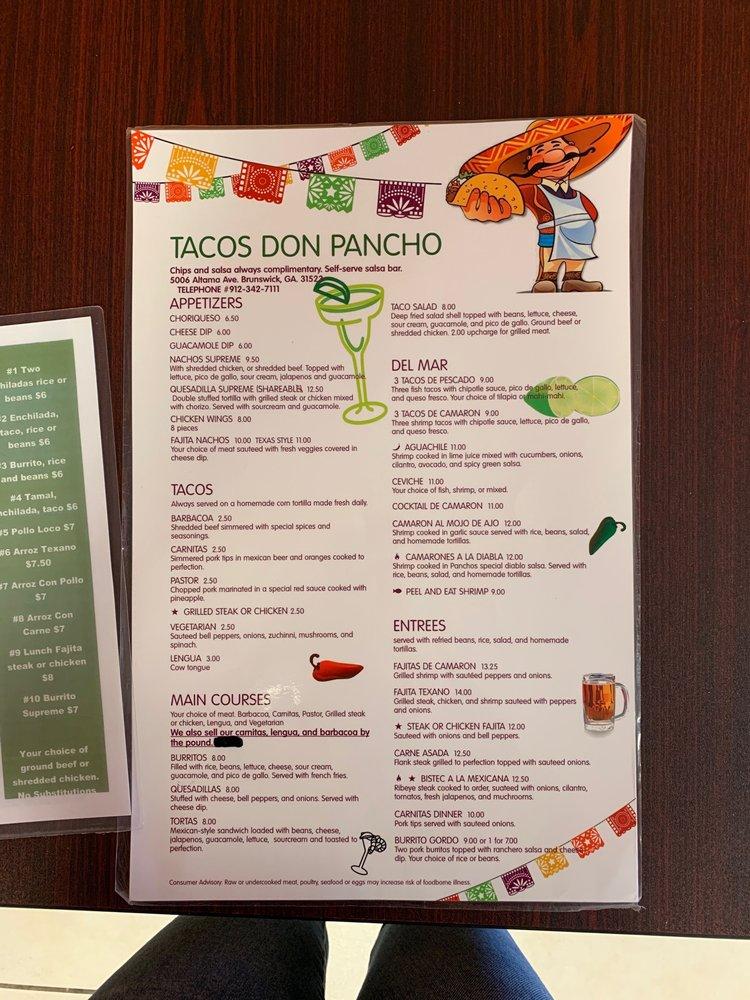 Menu at Tacos Don Pancho restaurant, Brunswick