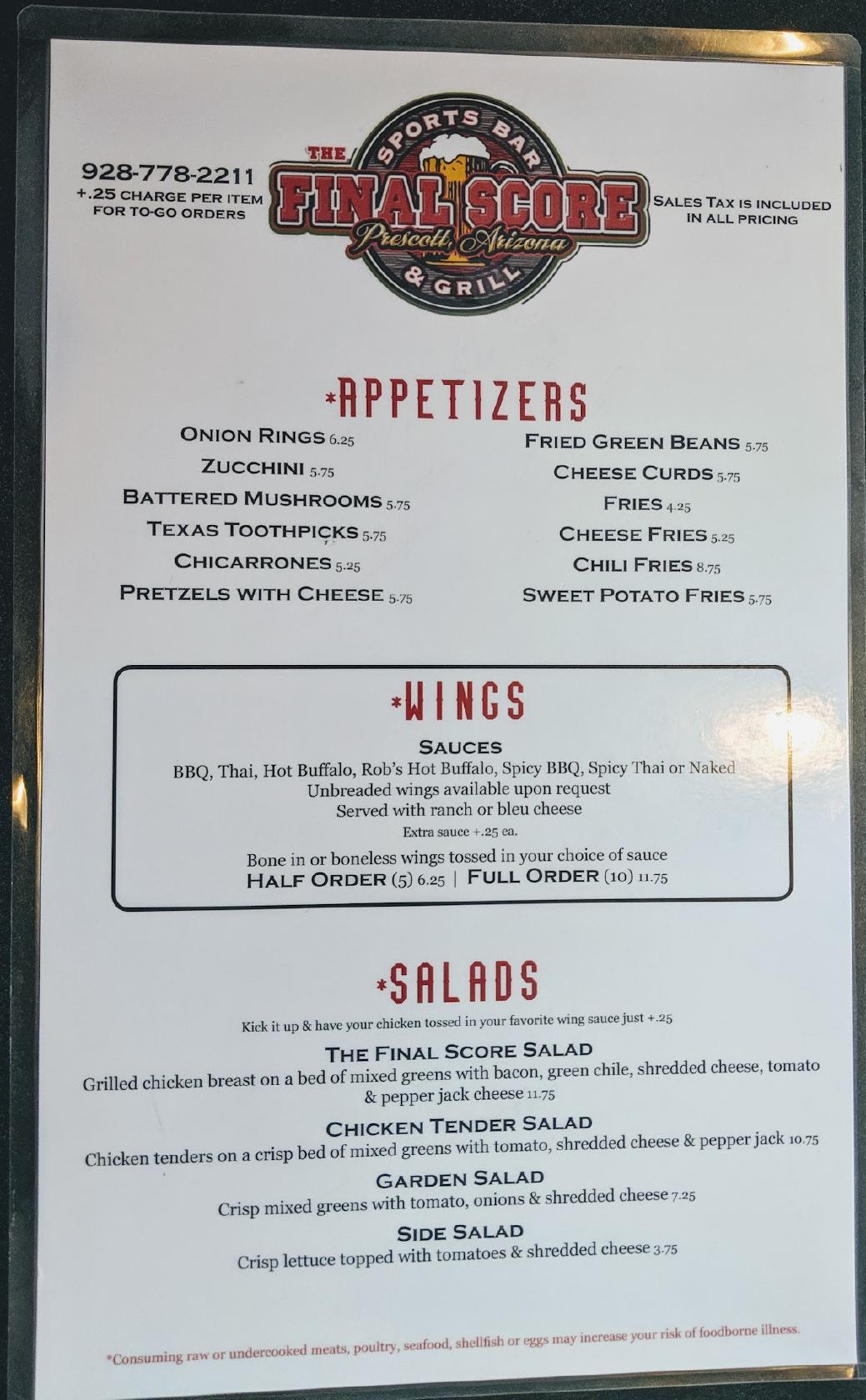 Menu at The Final Score pub & bar, Prescott, Commerce Dr a
