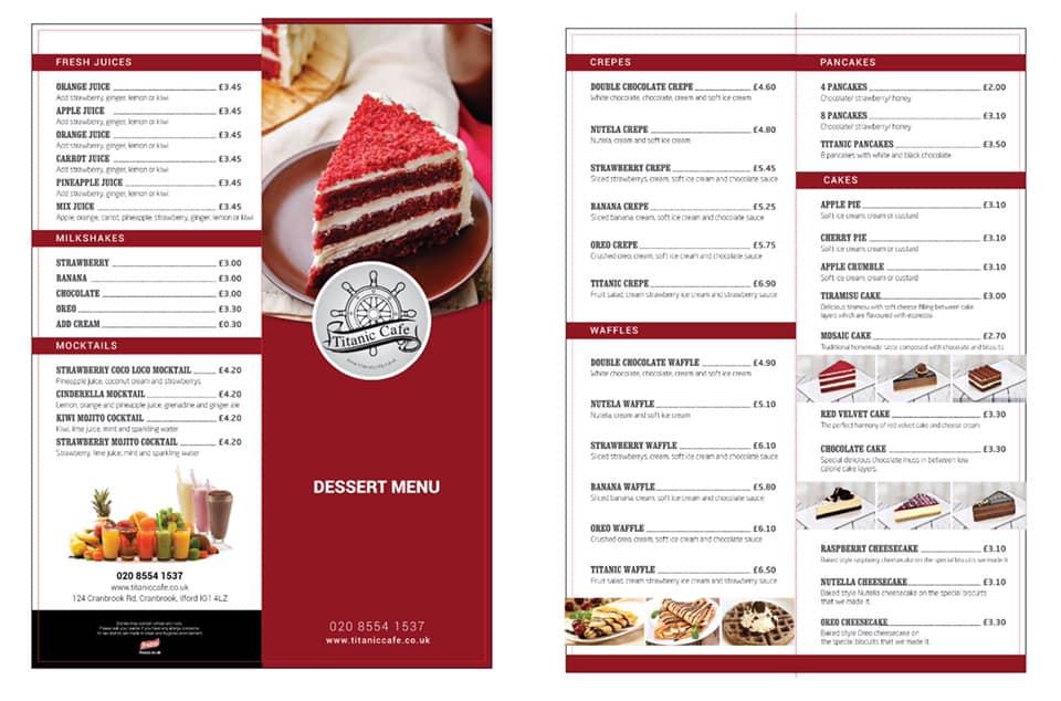 Menu at Titanic Cafe Ilford, Ilford, 124 Cranbrook Rd
