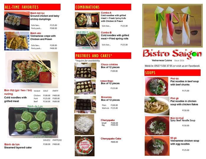 Menu at Bistro Saigon restaurant, Los Baños