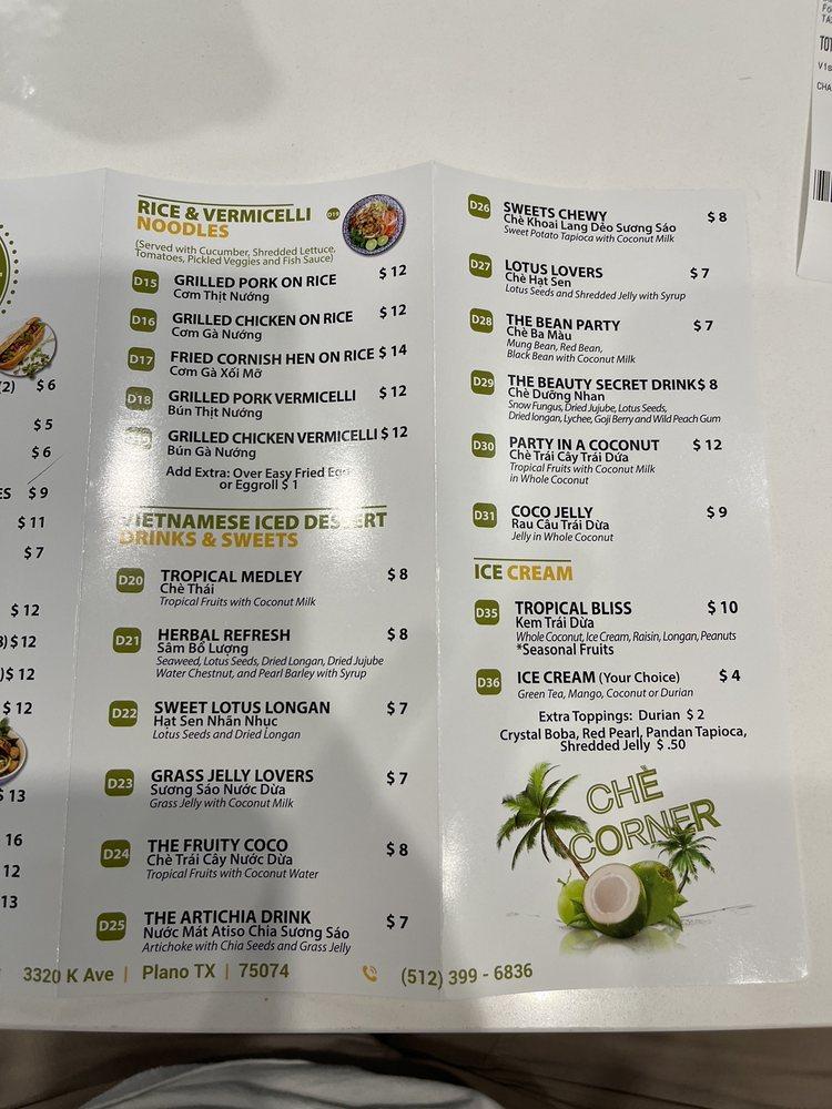 Menu at Chè Corner desserts, Plano