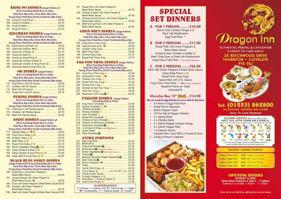 Menu at Dragon Inn restaurant, Blackpool