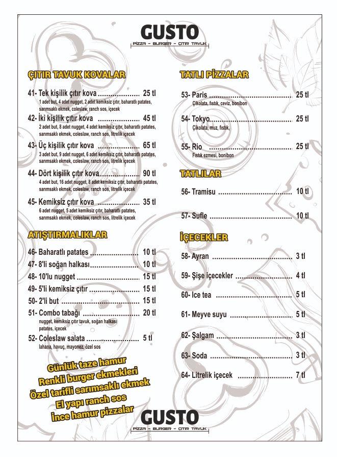 Carta de Gusto Burger & Pizza, Alaşehir
