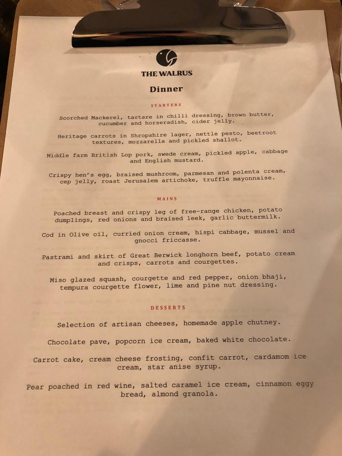 Menu at The Walrus restaurant, Shrewsbury