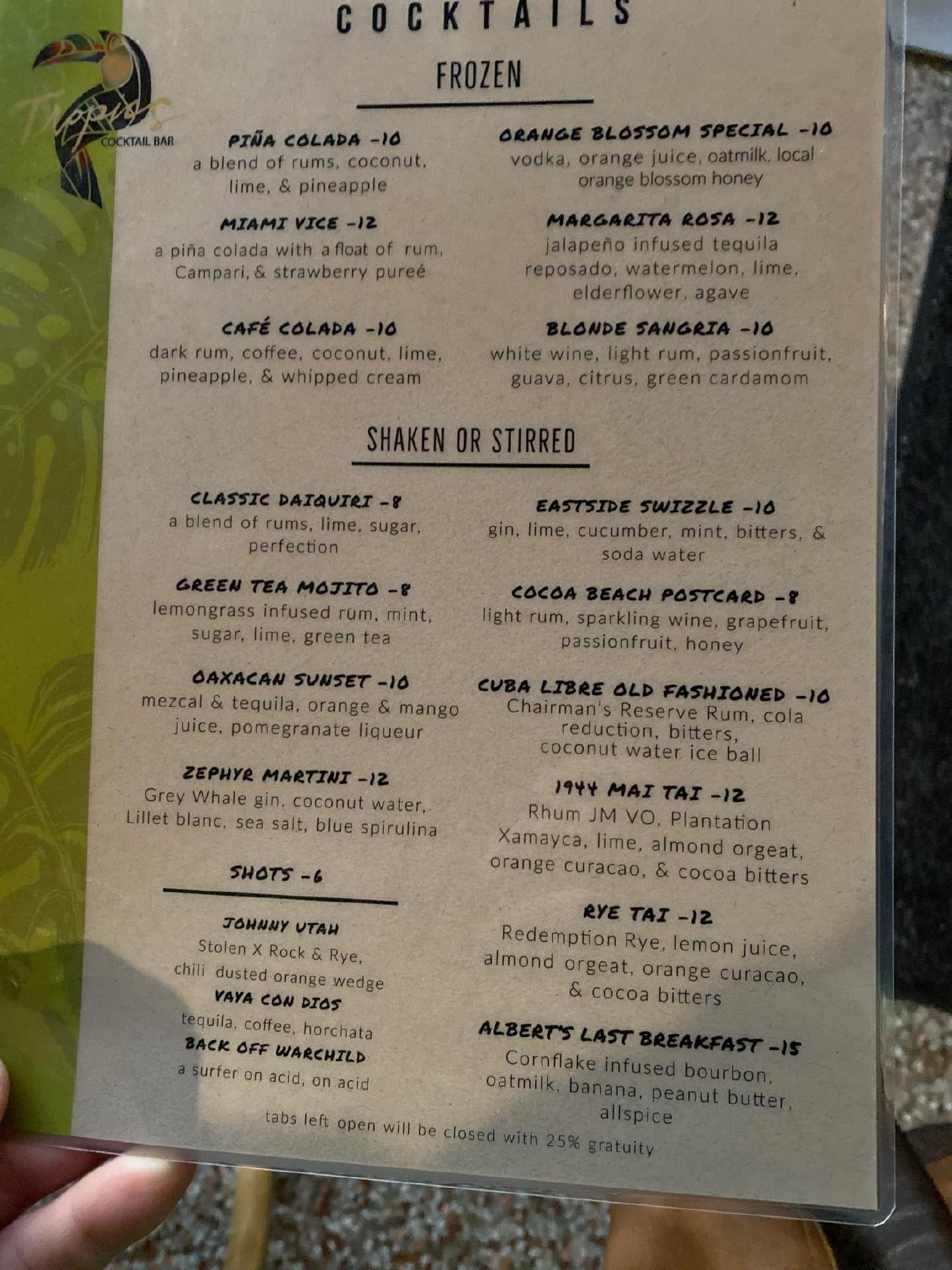 Menu at Tropics Cocktail Bar, Cocoa Beach