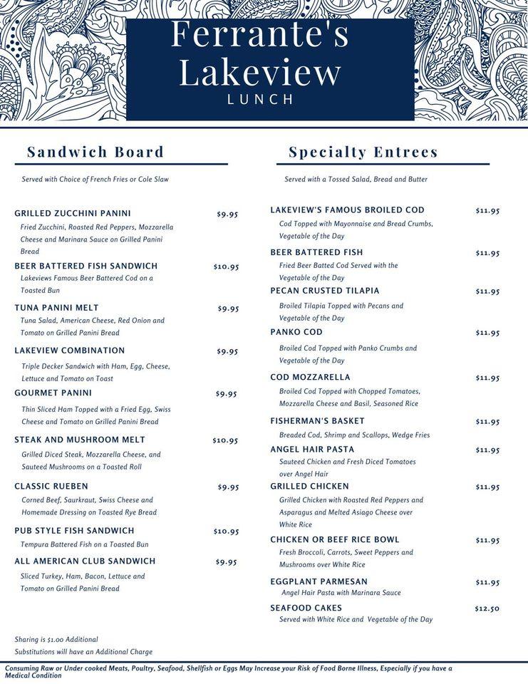Menu at Ferrante's Lakeview restaurant, Greensburg