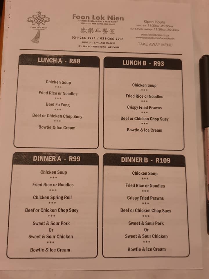 Menu at Foon Lok Nien Chinese restaurant, Westville