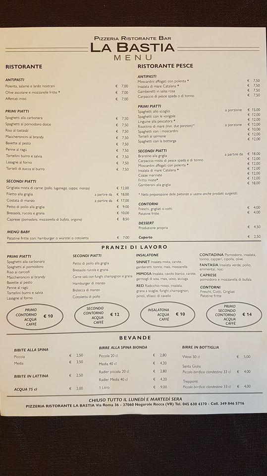 Menu at La Bastia restaurant, Nogarole Rocca