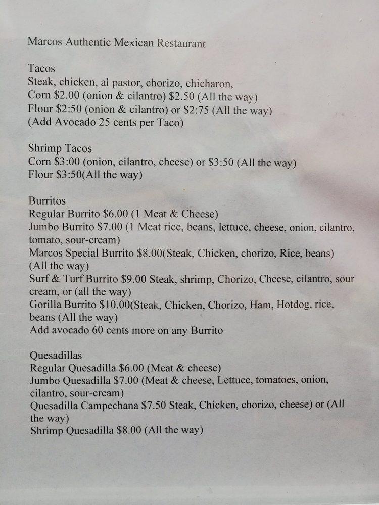 Menu at Marcos Authentic Mexican Food restaurant, Moultrie