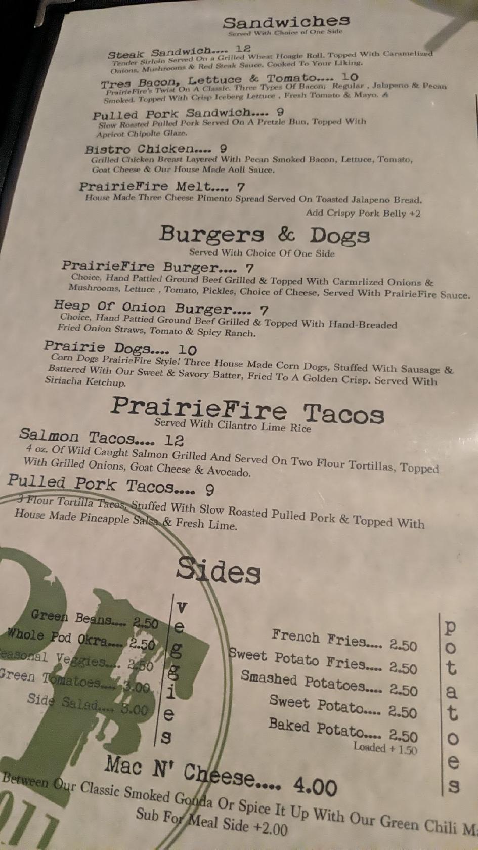 Menu at Prairiefire Grille steakhouse, Elk City