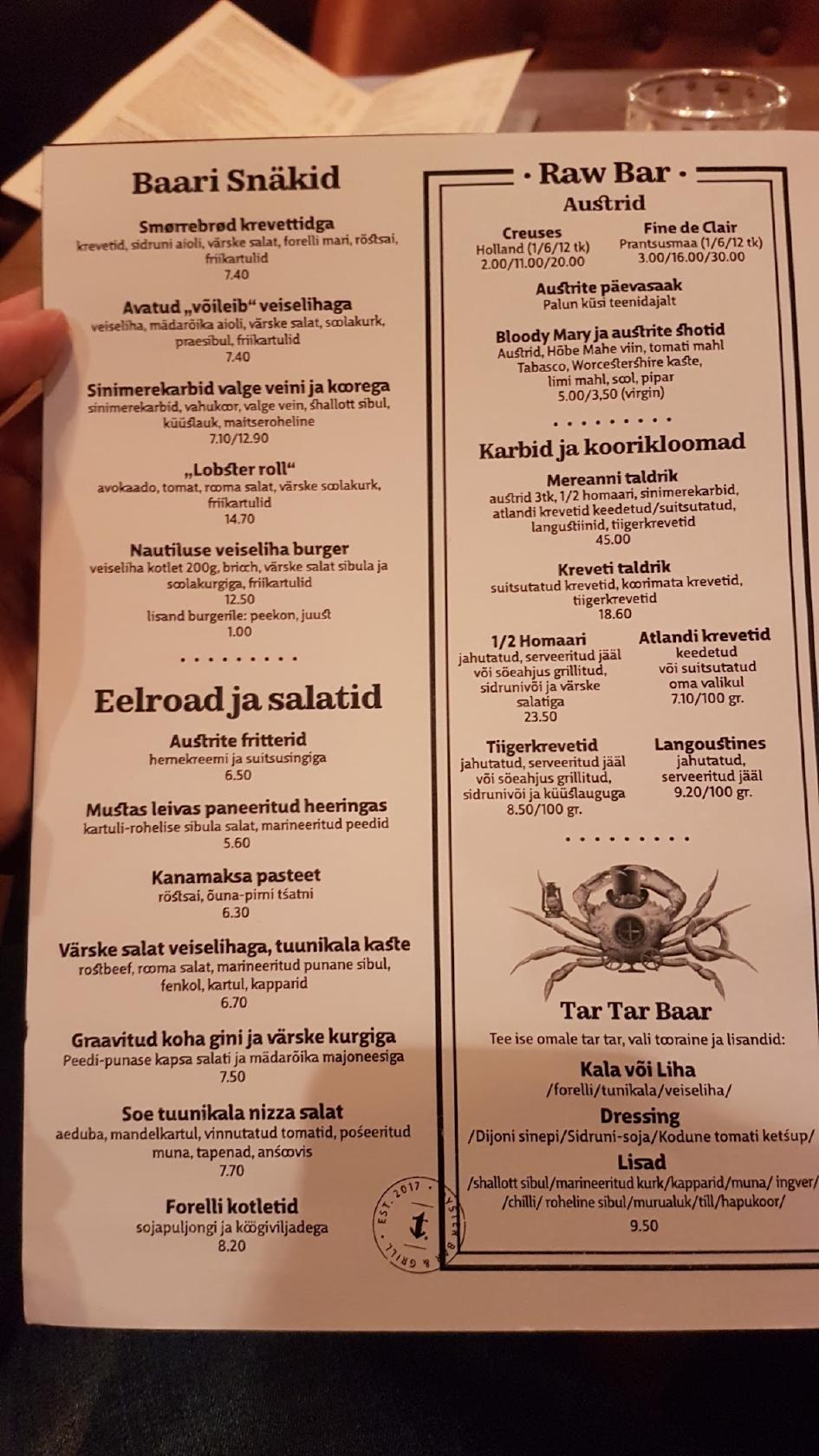 Menu at The Nautilus restaurant, Tallinn