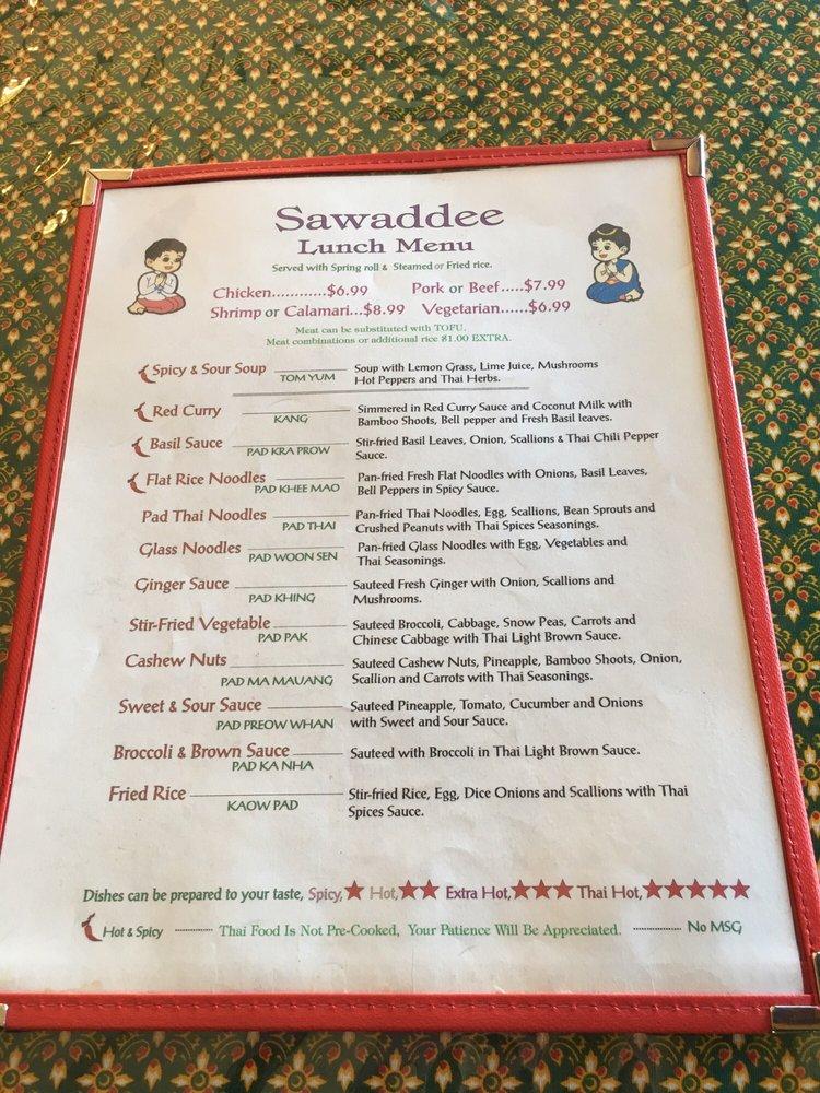 Menu at Sawaddee restaurant, Spring Lake