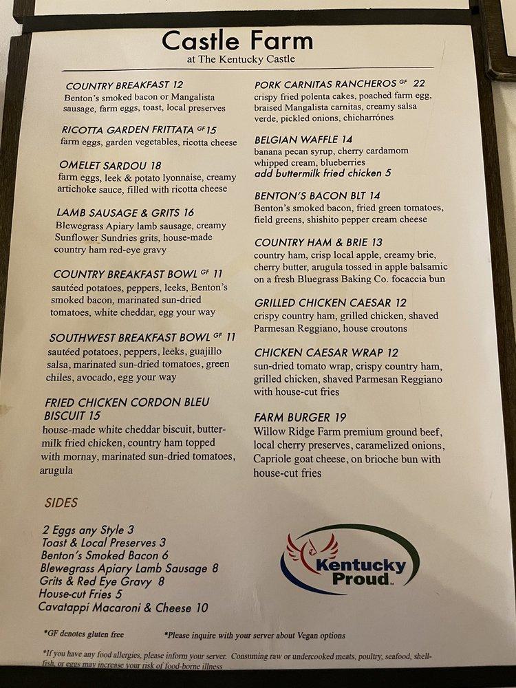 Menu at The Kentucky Castle restaurant, USA