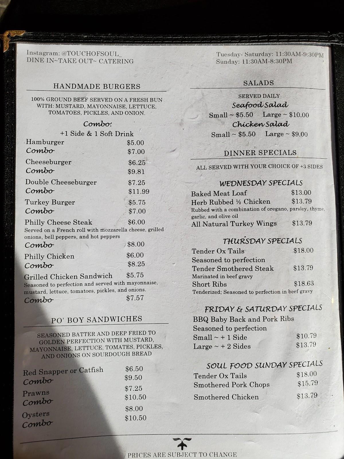 Menu at Touch of Soul restaurant, Emeryville