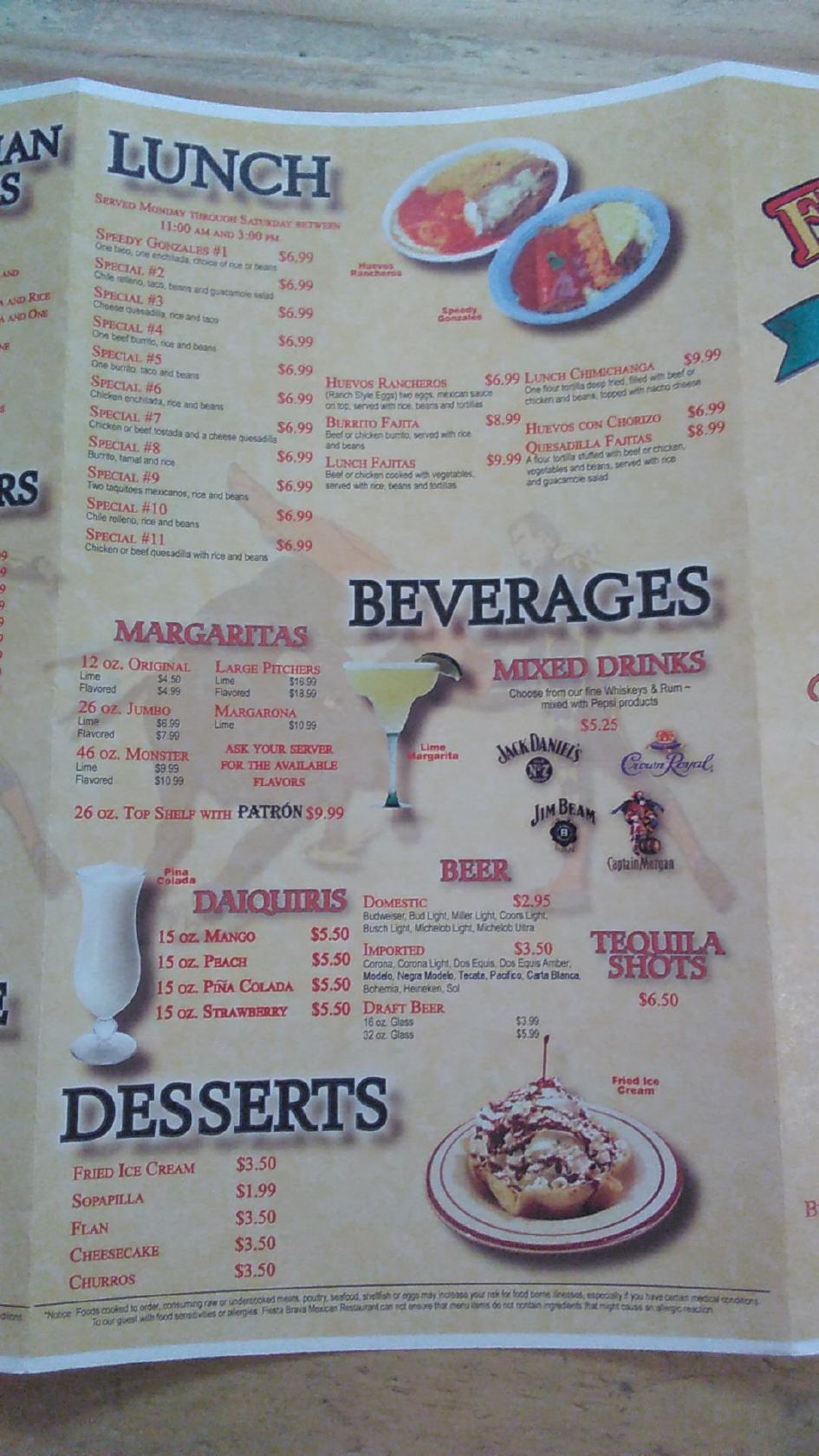 Menu at Fiesta Brava restaurant, West Point, N Lincoln St
