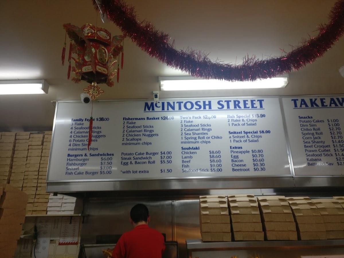 Menu at Macintosh Take Away fast food, Shepparton
