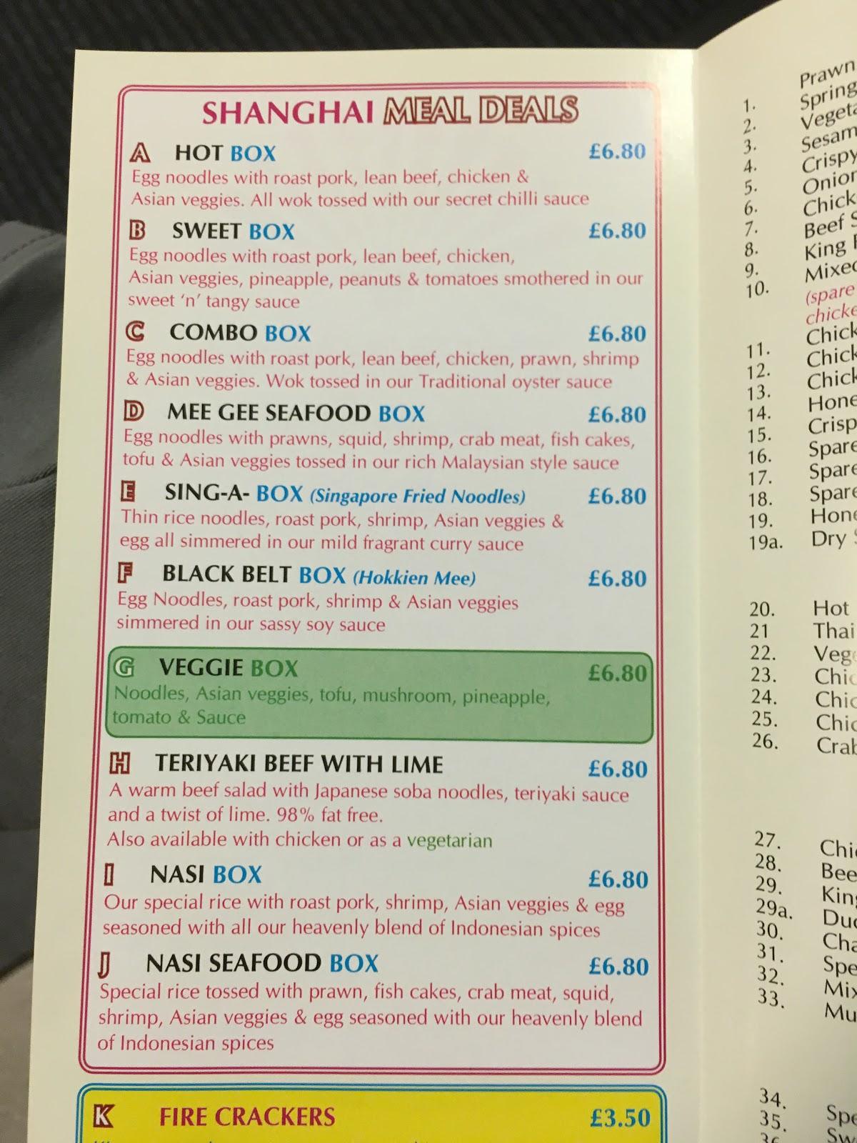 Menu at Shanghai fast food, Inverness