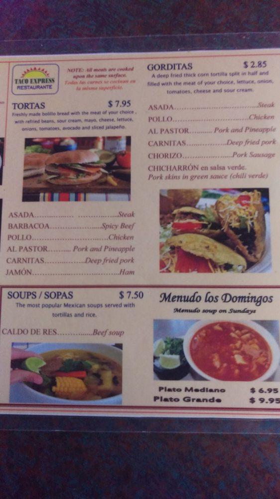 Menu at Taco Express Latinoamericana restaurant, Hopkinsville