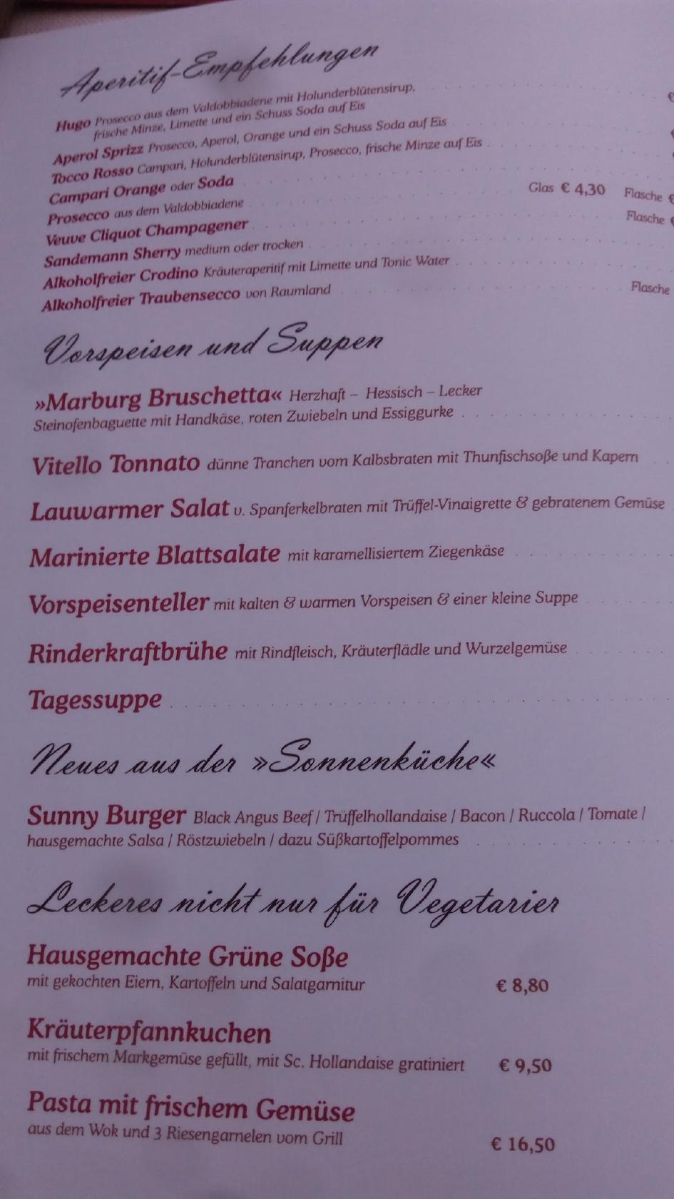 Speisekarte von Zur Sonne restaurant, Marburg