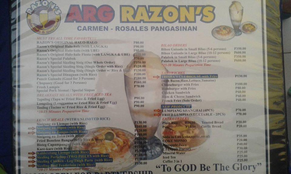 Menu at ARG RAZON restaurant, San Carlos City