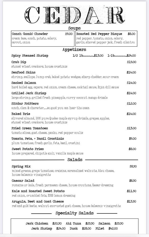 Menu at CEDAR land + sea kitchen restaurant, Ocean View