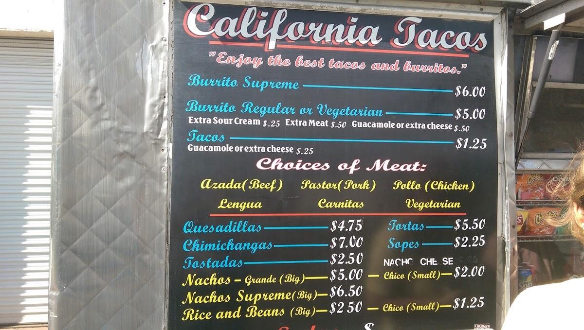 Menu at California Tacos restaurant, Durham