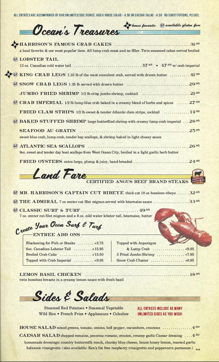 Menu at Harrison's Harbor Watch restaurant, Ocean City