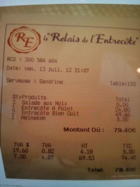 Menu au Le Relais de l'Entrecôte restaurant à viande, Paris, 15 Rue Marbeuf