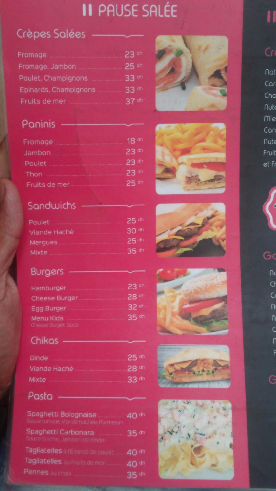 Menu at Pause Café cafe, Agadir
