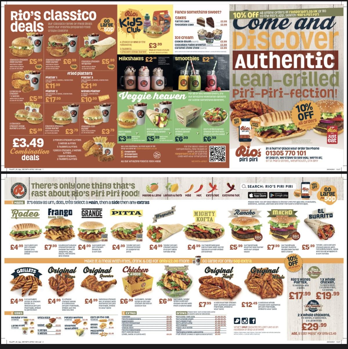Menu at Rio's Piri Piri Weymouth restaurant, Weymouth