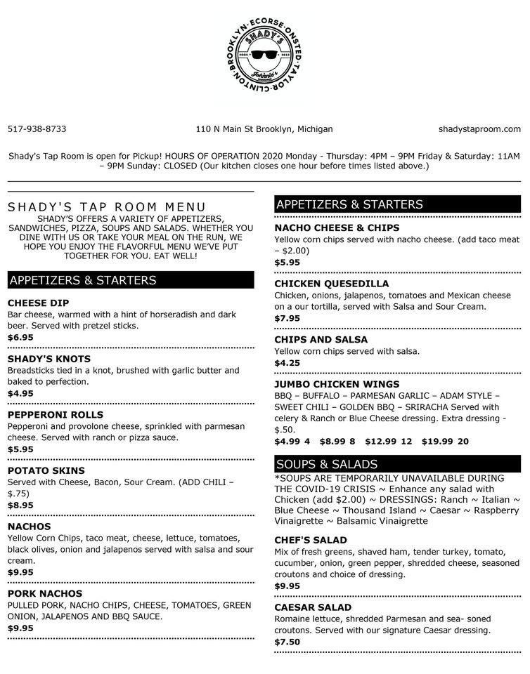 Menu at Shady's Tap Room pub & bar, Brooklyn