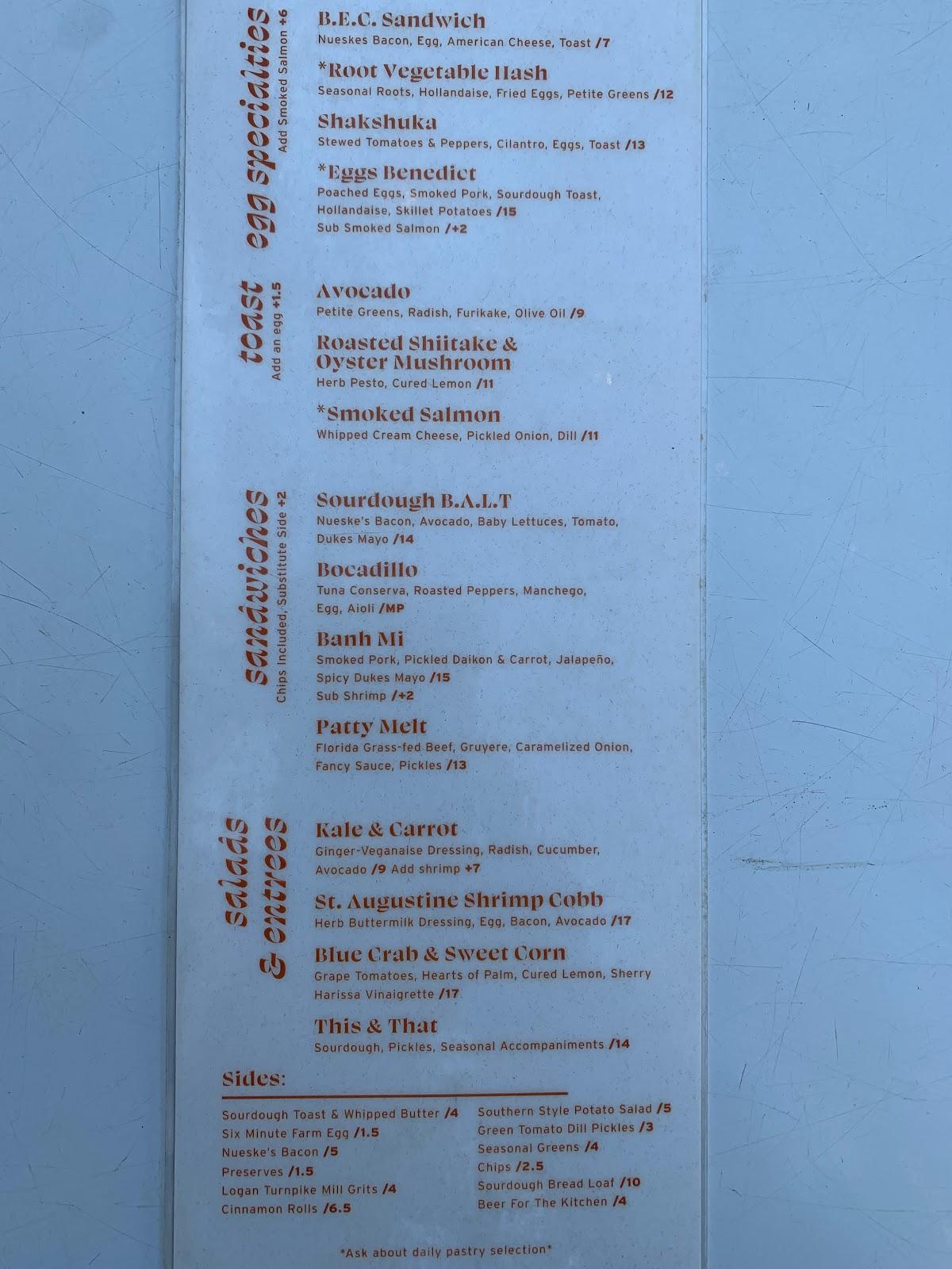 Menu at Sunday restaurant, St. Augustine