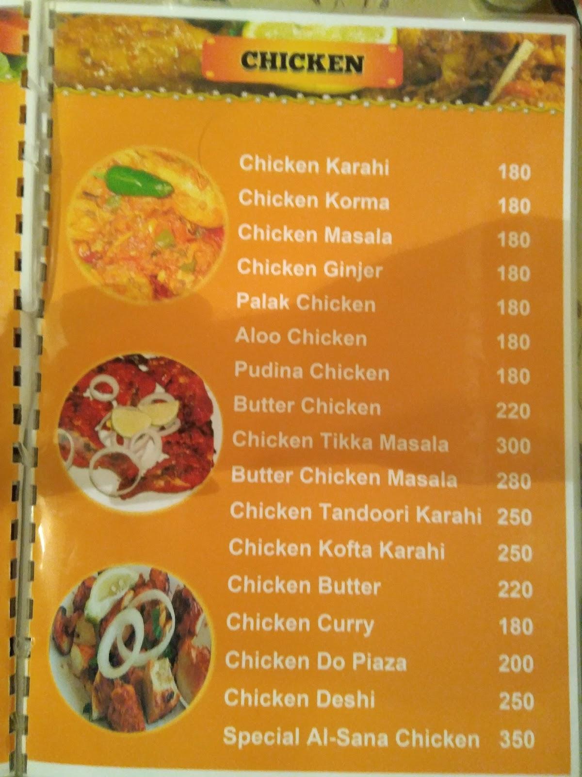 Menu at Al Sana Restaurant and Hotel, Bangkok