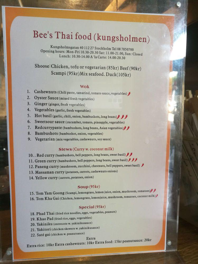 Menu at Bee’s Thai Food restaurant, Stockholm, Kungsholmsgatan 40