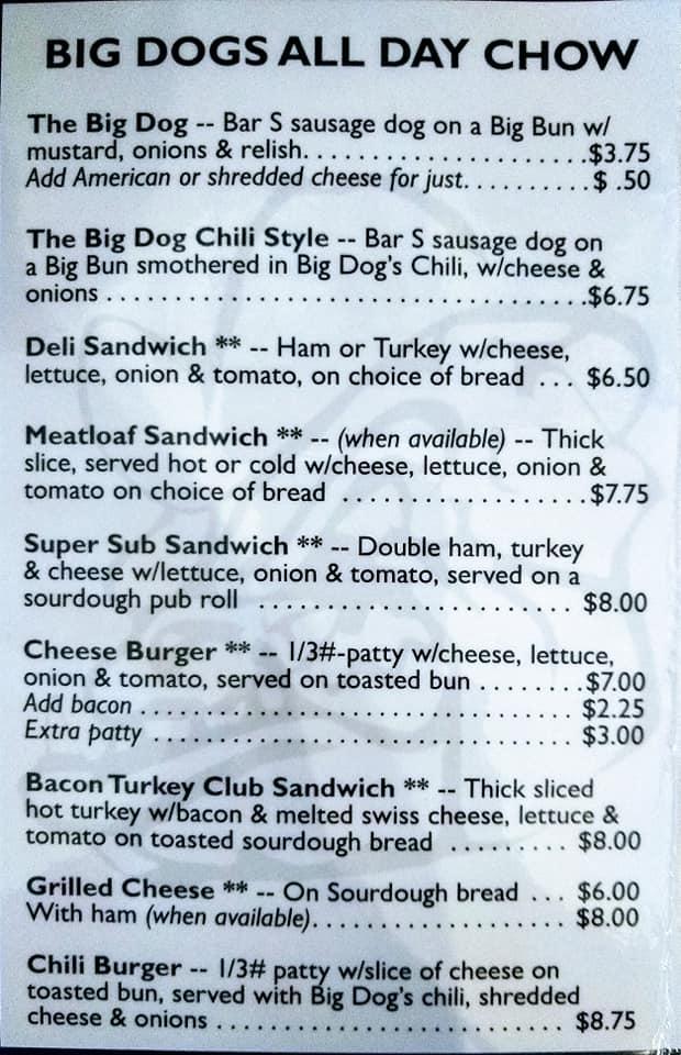 Menu at Big Dog Saloon pub & bar, Crooked River Ranch