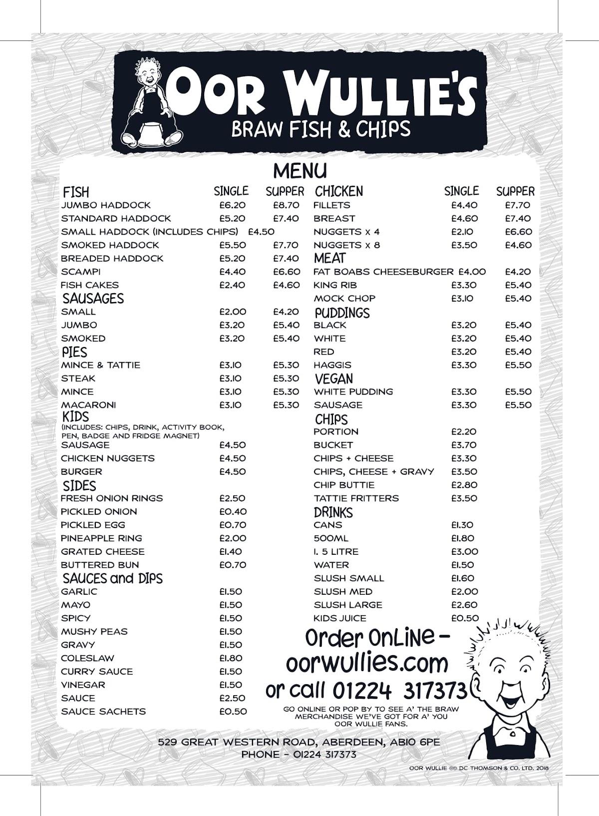 Menu at Oor Wullie's Braw Fish & Chips fast food, Aberdeen, 529 Great ...