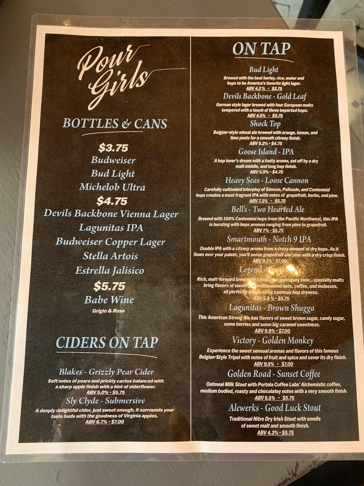 Menu at Pour Girls restaurant, Hampton