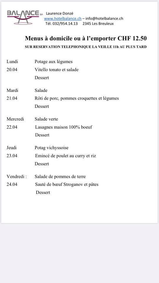 Menu au Restaurant De La Balance, Les Breuleux