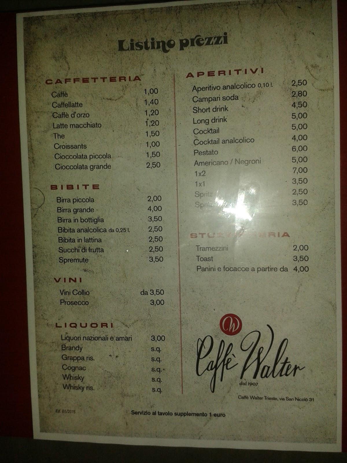 Menu at Caffè Walter 1907 pub & bar, Trieste
