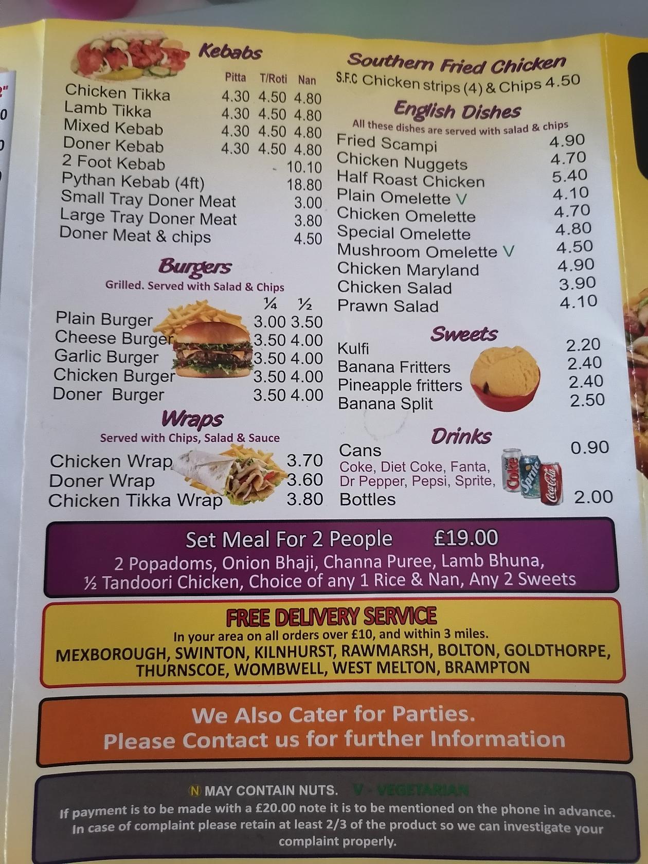Menu at Naheem fast food, Rotherham