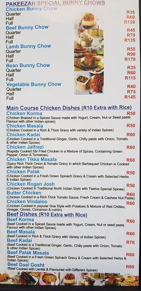 Menu at Pakeezah restaurant, Secunda