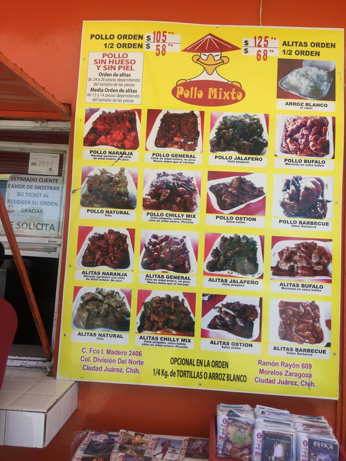 Menu at Pollo Mixto restaurant, Ciudad Juarez, Ciudad Juárez