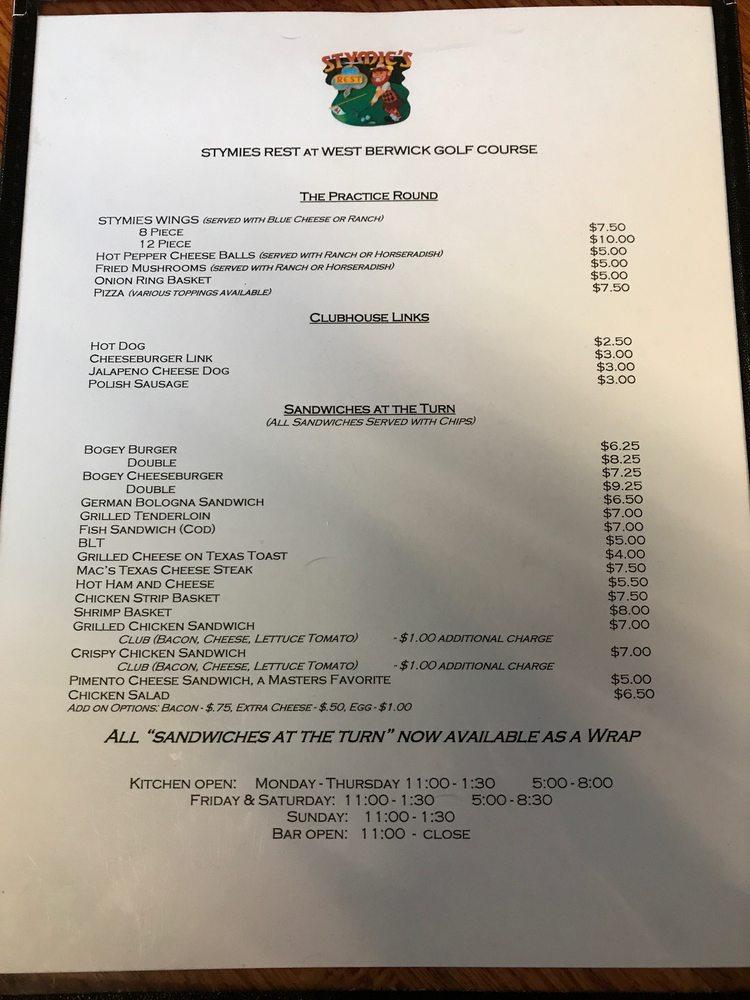 Menu at Stymie's Rest at West Berwick Golf Course pub & bar, Mount Carmel