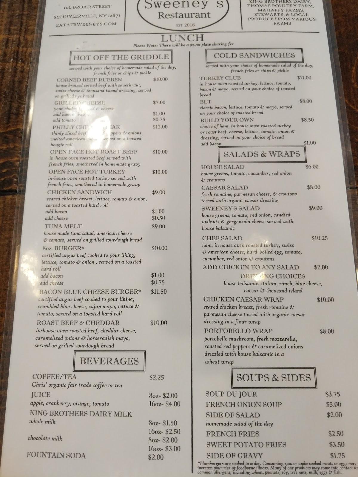 Menu at Sweeney's restaurant, Schuylerville, 106 Broad St