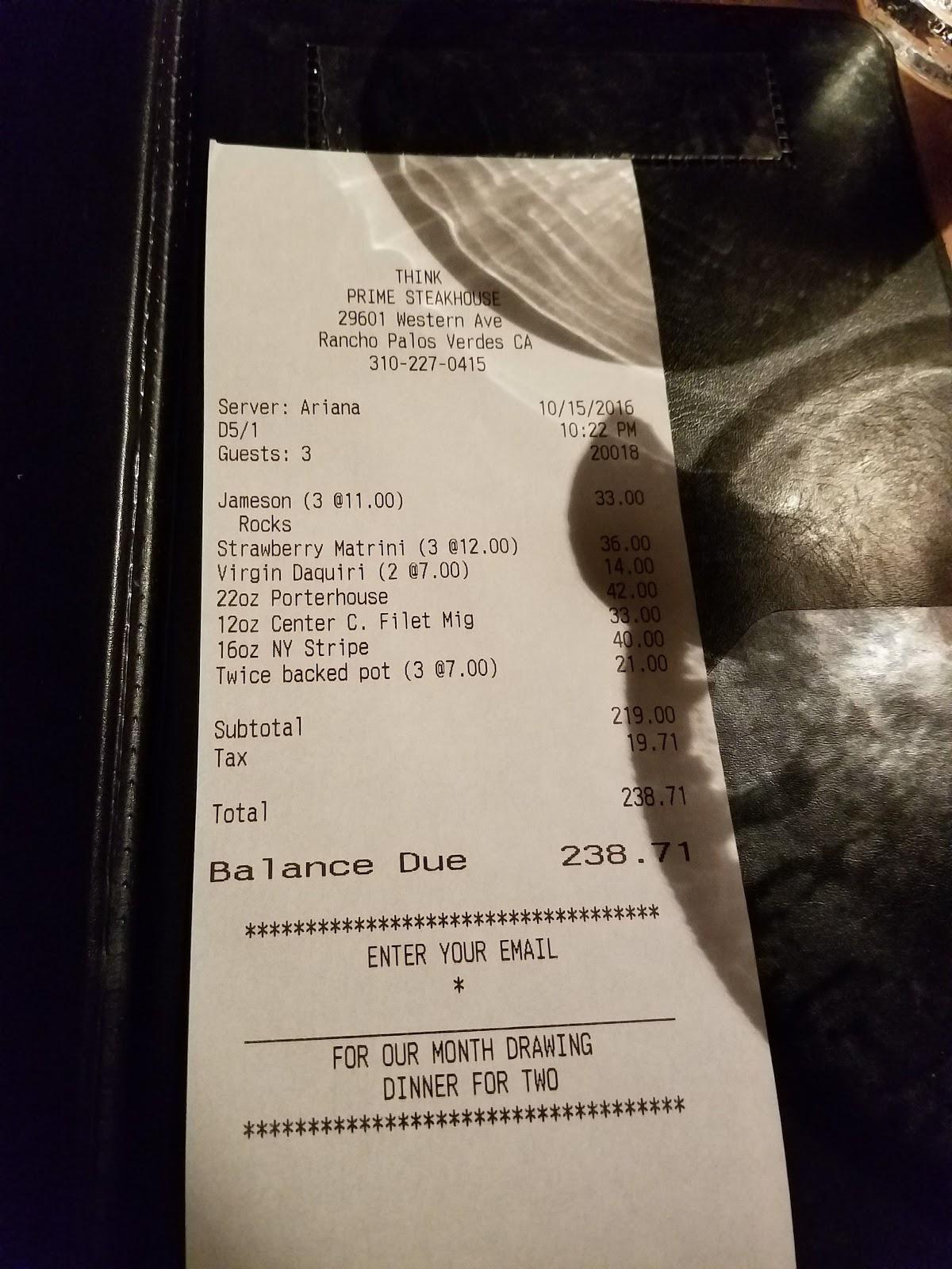 Menu at Think Prime Steak House steakhouse, Rancho Palos Verdes
