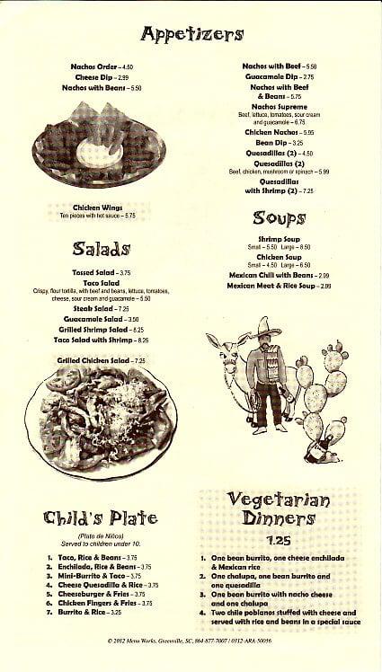 Menu at El Mexicano restaurant, Clover