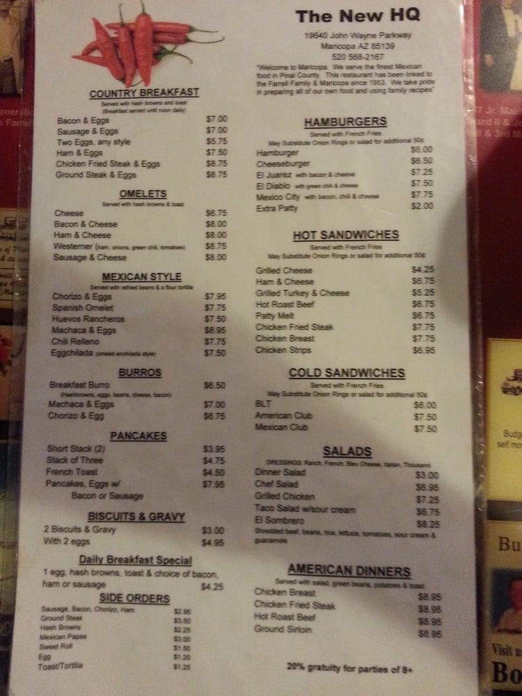Menu at Headquarters Cafe, Maricopa, N Maricopa Rd