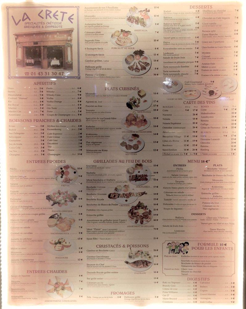 Menu au La Crète restaurant, Paris, 85 Rue Mouffetard