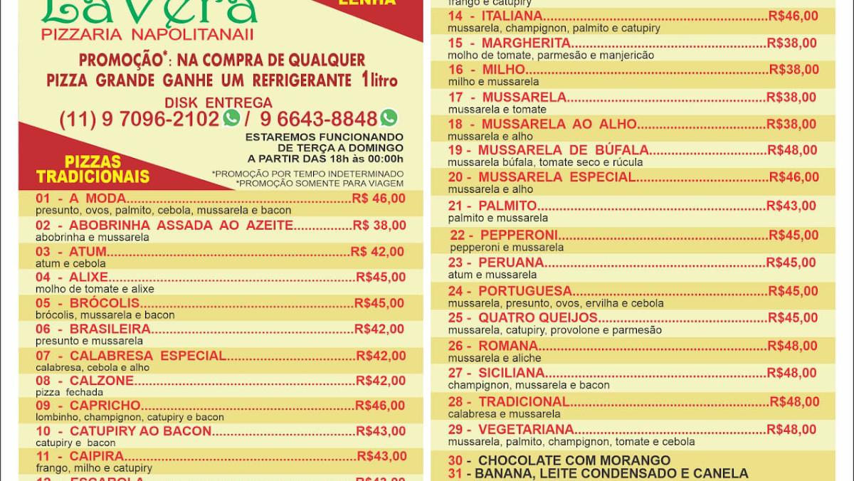 Menu at Lá vera napolitana 2 restaurant, Cabreúva