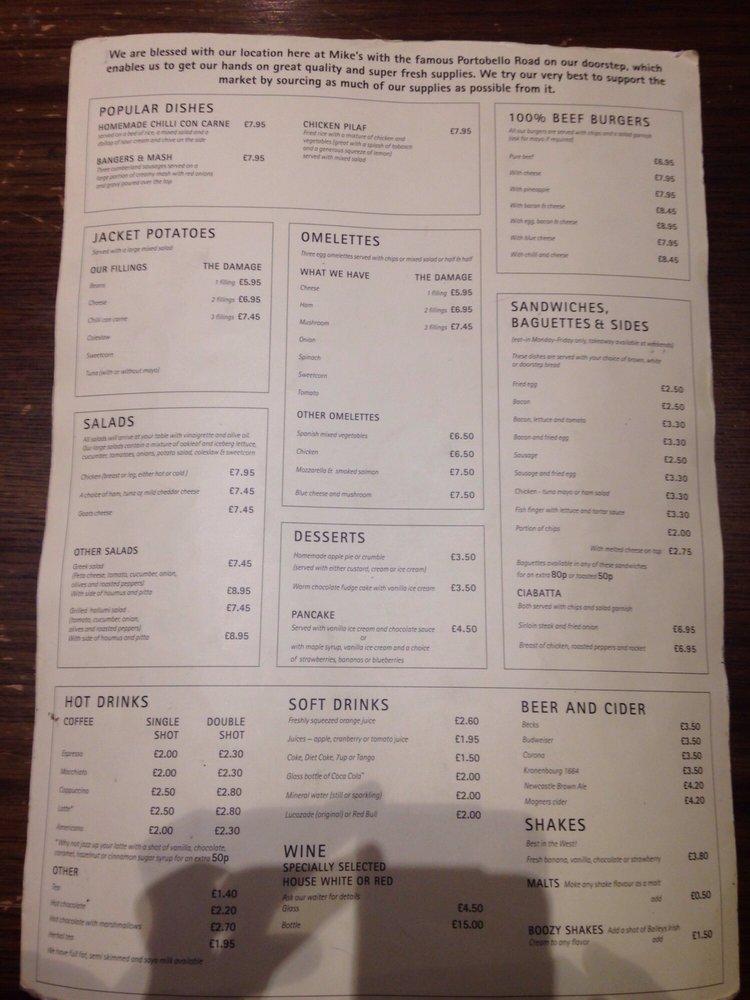 Menu at Mike's Cafe, London